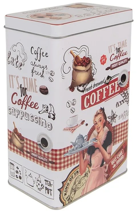 Plechová úložná krabička bílo-červené barvy It´s Time For Coffee – 8x12x21 cm