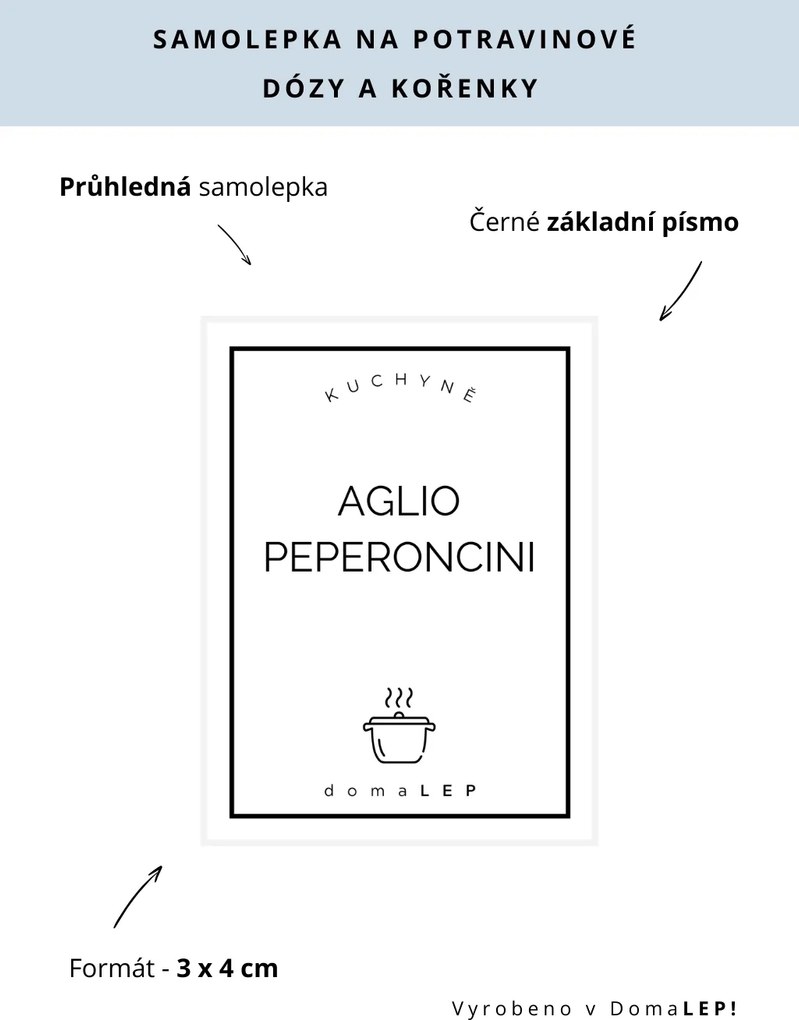 Samolepka na kořenky AGLIO PEPERONCINI průhledná 3 × 4 cm základní písmo