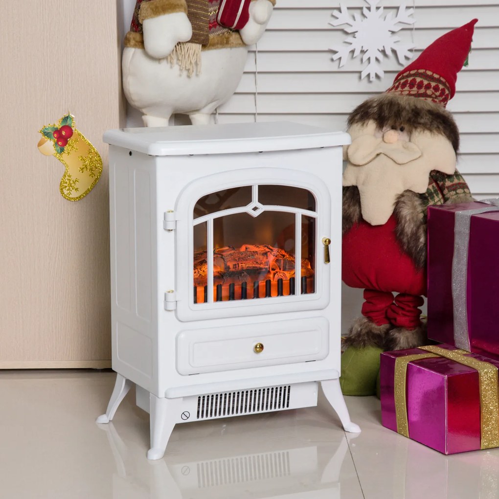HOMCOM Elektrický krb Kamna s efektem plamene 950/1850W Ochrana proti přehřátí Bílá 41,5x28x54,8cm pro příjemné večery