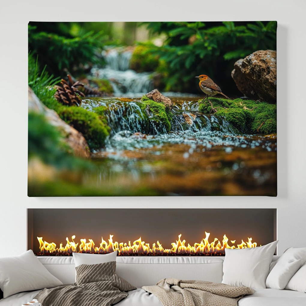 Obraz na plátně - Mechový vodopád s ptáčkem FeelHappy.cz Velikost obrazu: 150 x 100 cm