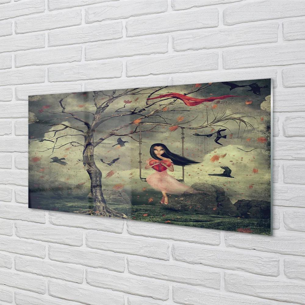 akrylový obraz Strom ptáci mraky dívka rocková 125x50 cm