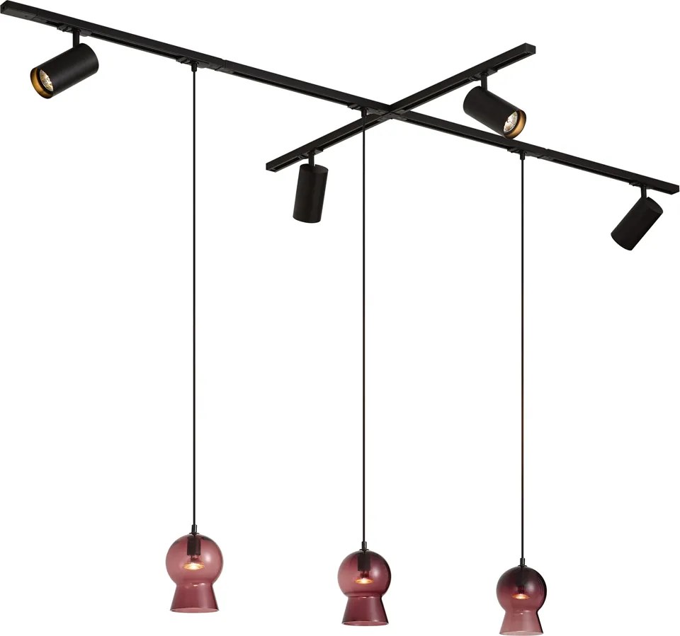 Moderní černý kolejnicový systém se 4 bodovými světly a 3 fialovými závěsnými svítidly 1-fázový - Iconic Bell Jeana Luxe
