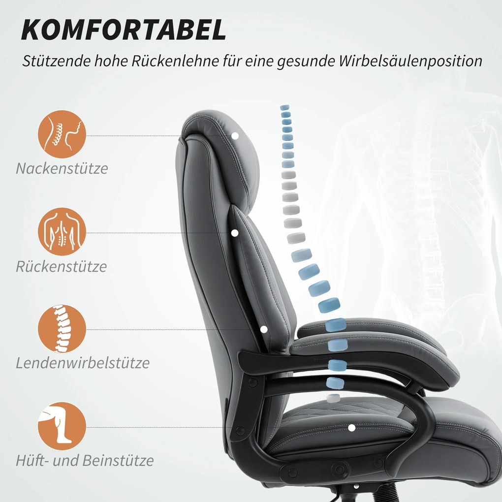 Kancelářské křeslo HOMCOM pro vysoké a silné uživatele (Big & Tall) – PU kůže, pružinový sedák, tiché kolečka, vysoké opěradlo, výškově nastavitelné,…