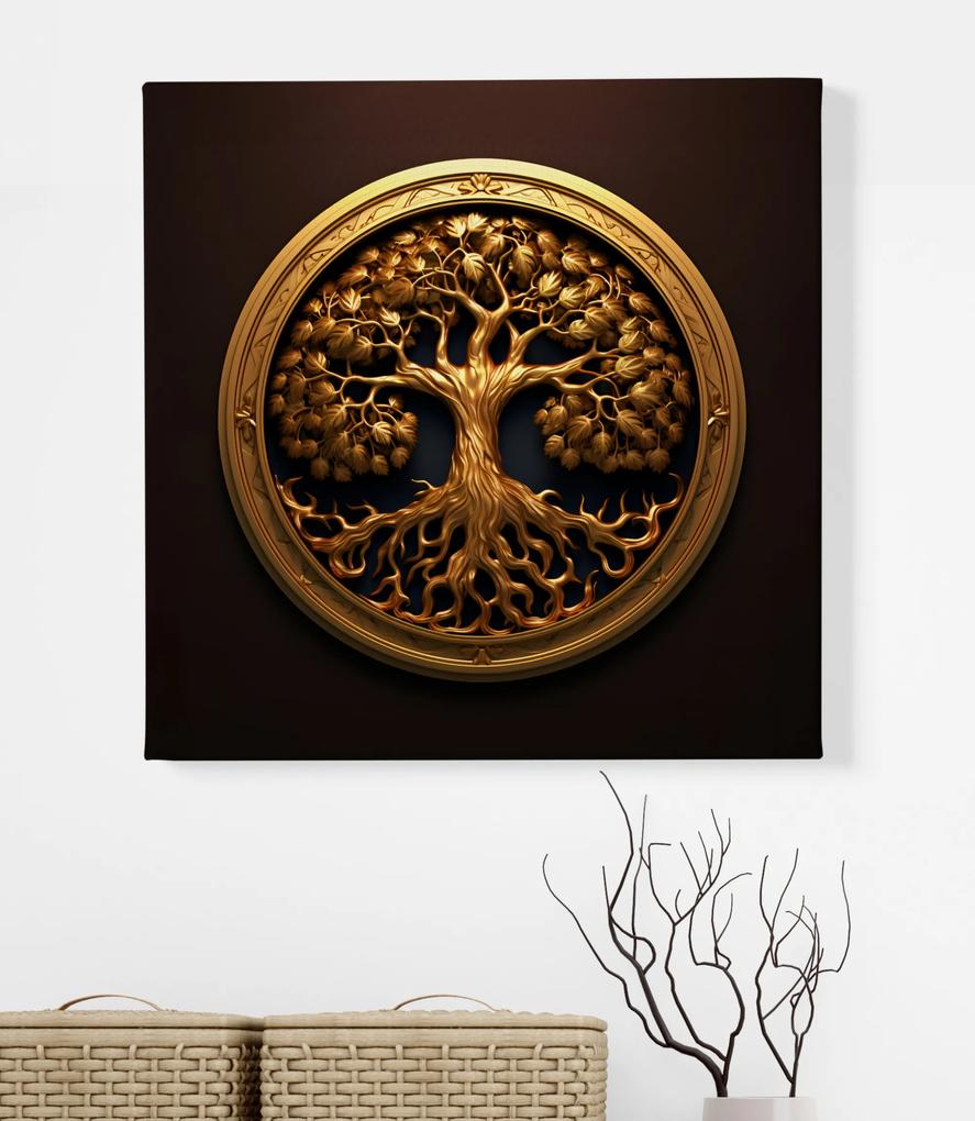 Obraz na plátně - Zlatý strom života v kruhu FeelHappy.cz Velikost obrazu: 140 x 140 cm
