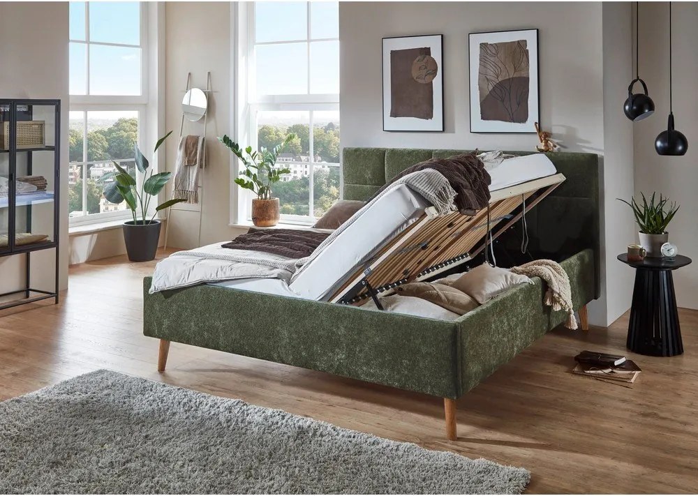 Khaki čalouněná dvoulůžková postel s úložným prostorem s roštem 180x200 cm Nova – Meise Möbel
