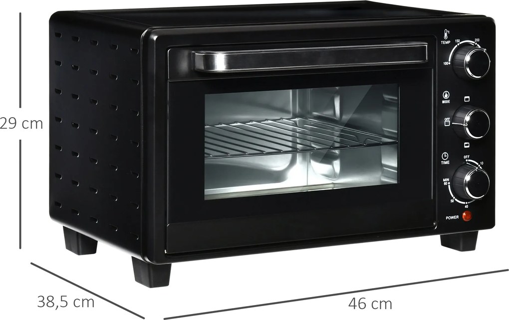 HOMCOM Mini trouba 21L, 3 režimy pečení, 100°C-230°C, 1400W, nerez a sklo, černá+stříbrná, 46.4x38x28.5cm