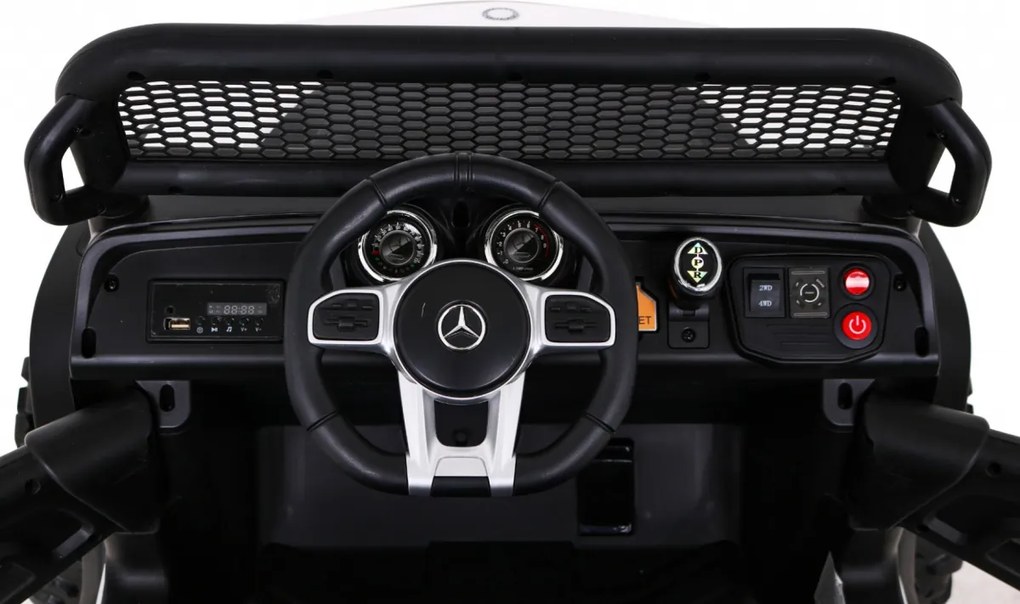 Ramiz Mercedes Benz Unimog elektrické autíčko pro děti bílé + pohon 4x4 + dálkové ovládání + nosič zavazadel + pomalý start + MP3 + LED