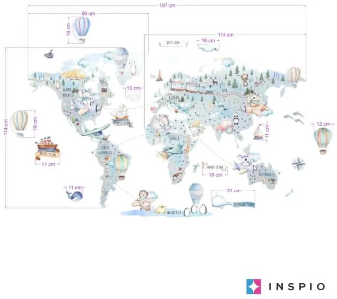 INSPIO Dětské samolepky na zeď - Cestovatelská mapa světa pro kluky
