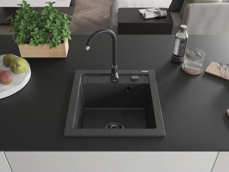 Mexen Vito, granitový dřez 520x490x210 mm, 1-komorový, černá-skvrny s černým sifonem, 6503521000-76-B