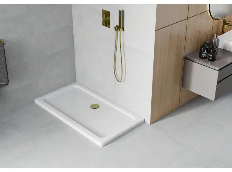 Mexen SLIM - Obdélníková sprchová vanička 120x70x5cm + zlatý sifon, bílá, 40107012G