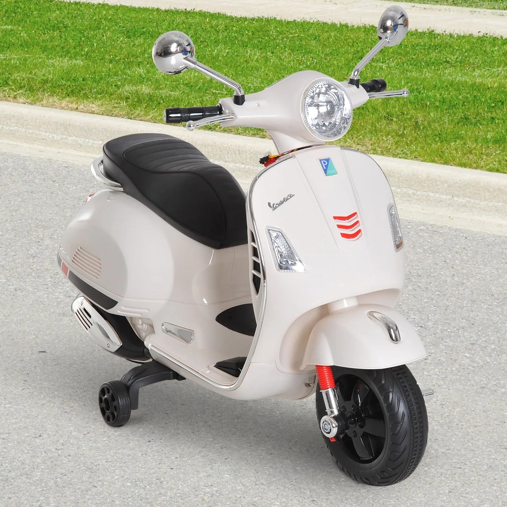 HOMCOM Elektrická motorka pro děti 3-6 let s licencí VESPA, bateriová motorka s hudbou, rychlost 2-3 km/h a zvonkem, nosnost 25 kg, bílá | Aosom