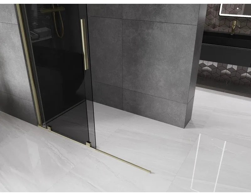 Mexen Velar, sprchová zástěna s posuvnými dveřmi Walk-in 140 x 200 cm, 8mm šedé sklo, zlatá lesklá, 871-140-000-43-50