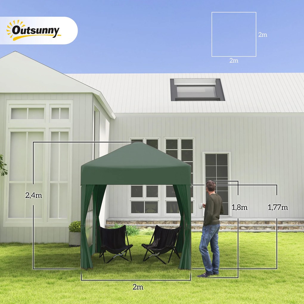 Outsunny skládací pavilon, pivní stan, 4 odnímatelné boční stěny, 2 okna, kovový rám, 2 x 2 m, tmavě zelená