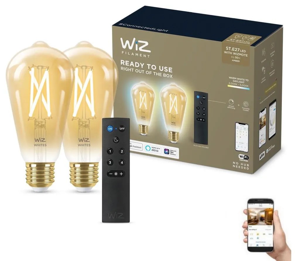 WiZ SADA 2xLED Stmívatelná žárovka ST64 E27/7W/230V 2000-5000K CRI 90 Wi-Fi + DO-WiZ WI0152