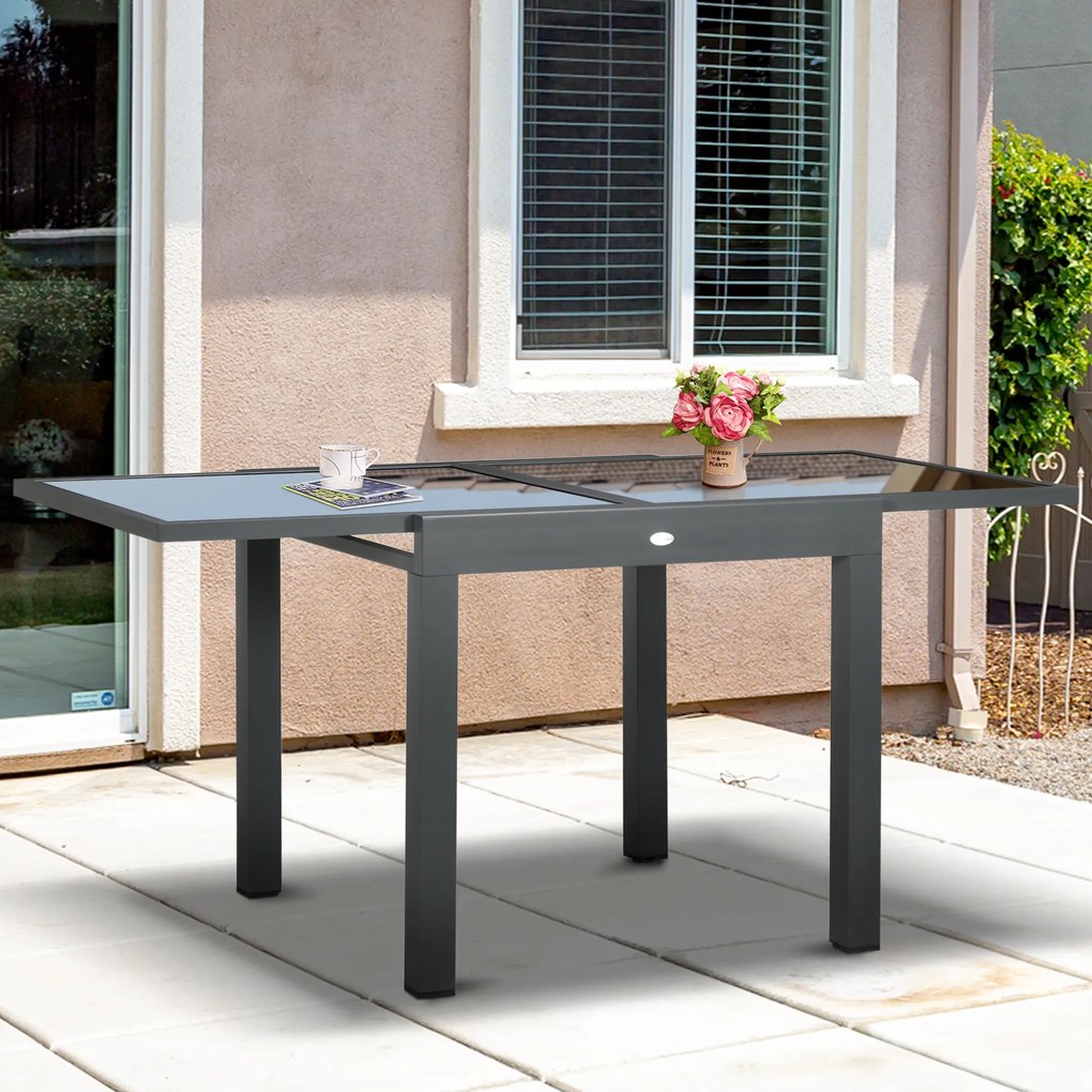 Rozkládací zahradní stůl Outsunny z hliníku s obdélníkovým tvarem a tvrzeným sklem pro 4-6 osob, nosnost 50 kg, rozměry 80-160x80x75 cm, černý