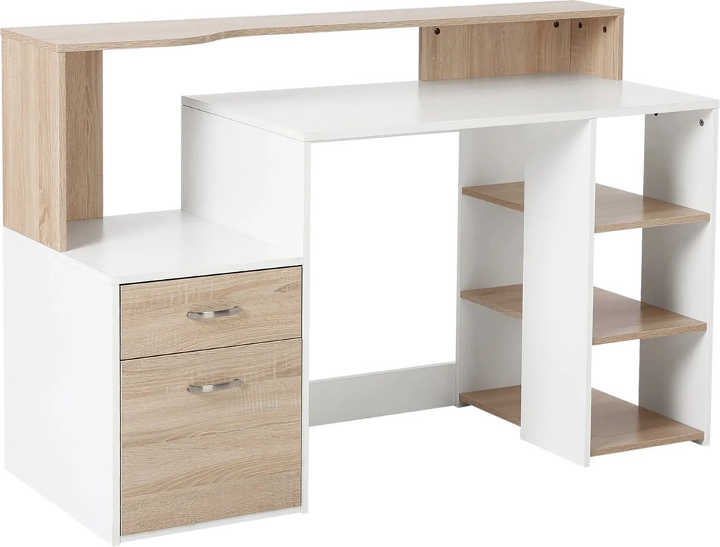 HOMCOM Počítačový stůl 137x55x92 cm s 3 policemi, 2 zásuvkami a stojanem na tiskárnu pro domácí kancelář | Aosom