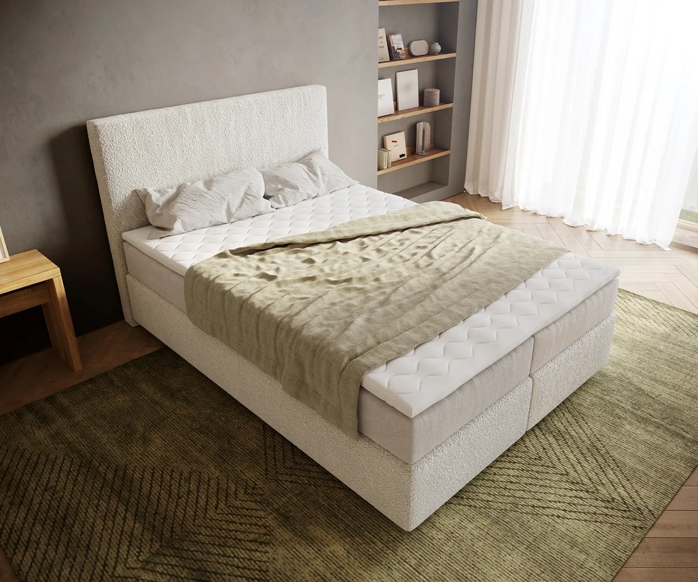 DELIFE Boxspring postel Dream-Well 140x200 cm bouclé krémovo-bílá s taštičkovou pružinovou matrací a visco topperem