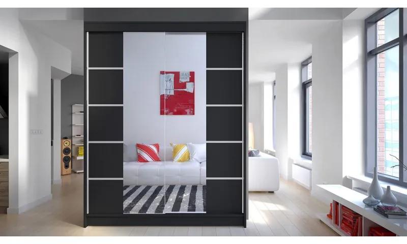 Posuvná skříň Belgia V, Barva: černá + černá + zrcadlo, Osvětlení: osvětlení LED RGB - barevné