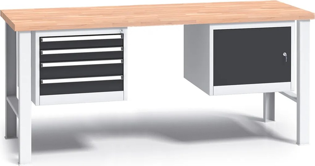 Pracovní stůl do dílny G3 se závěsným boxem a skříňkou na nářadí, buková spárovka, 4 zásuvky, pevné kovové nohy, 2000 mm, grafit
