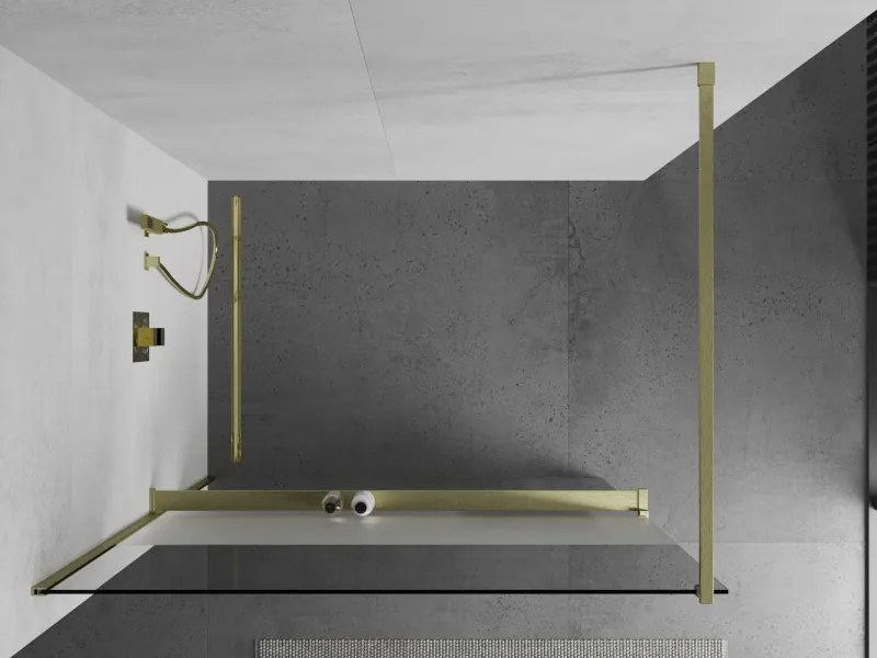 Mexen Kioto+, sprchová zástěna Walk-In s poličkou a věšákem 130 x 200 cm, 8mm čiré sklo-námraza, zlatý matný profil, 800-130-121-55-35
