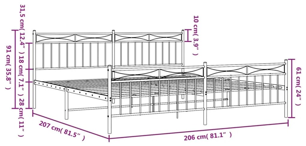 Kovový rám postele s hlavovým a nožním čelem černý 200 x 200 cm,  373716