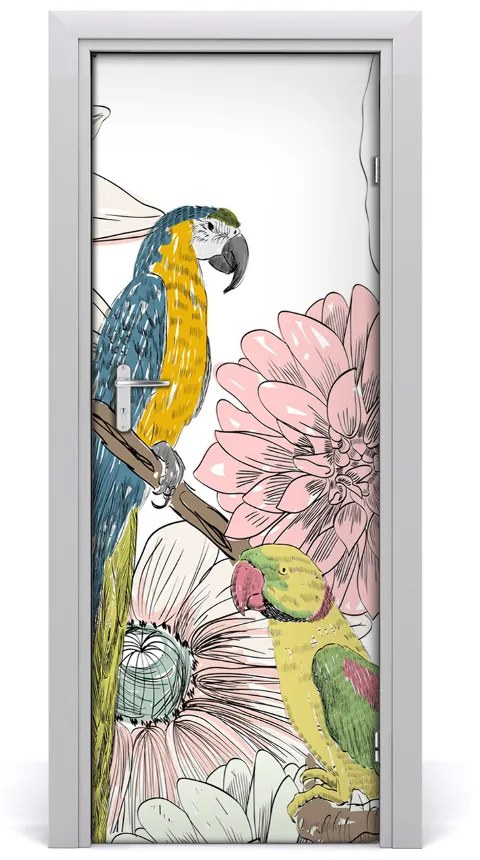 Samolepící fototapeta na dveře Papoušci a květiny 95x205 cm