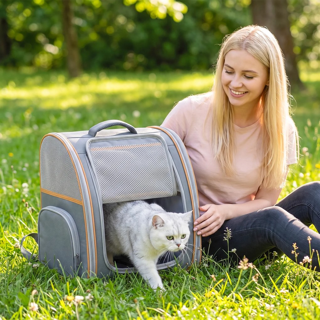 PawHut skládací batoh pro psy a kočky do 5 kg, síťovaná okna, šedý