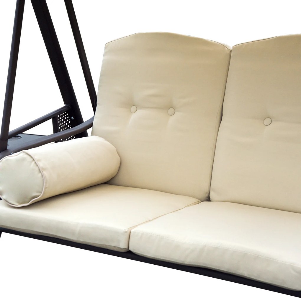 Outsunny 3místná hollywoodská houpačka zahradní houpačka se sluneční stříškou polštáře kov polyester béžová+hnědá 120 x 208 x 172 cm | Aosom