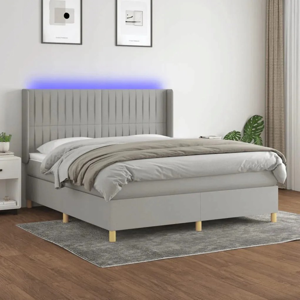Box Spring Postel S Matrací A Led Textil Světle Šedá Svislé pruhy 180 x 2