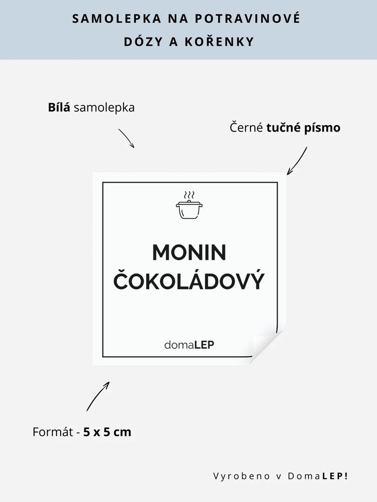 Samolepka na láhev MONIN ČOKOLÁDOVÝ 5 x 5 cm – bílá vinylová, voděodolná, omyvatelná samolepka na dózy, tučné písmo