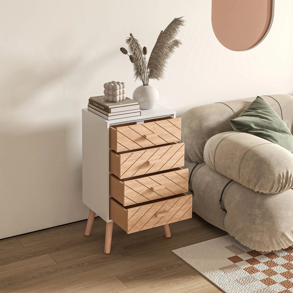 HOMCOM Komoda se 4 zásuvkami pro ložnici, noční stolek se zvýšenýma nohama do obývacího pokoje 40x30x75 cm Bílá a přírodní | Aosom