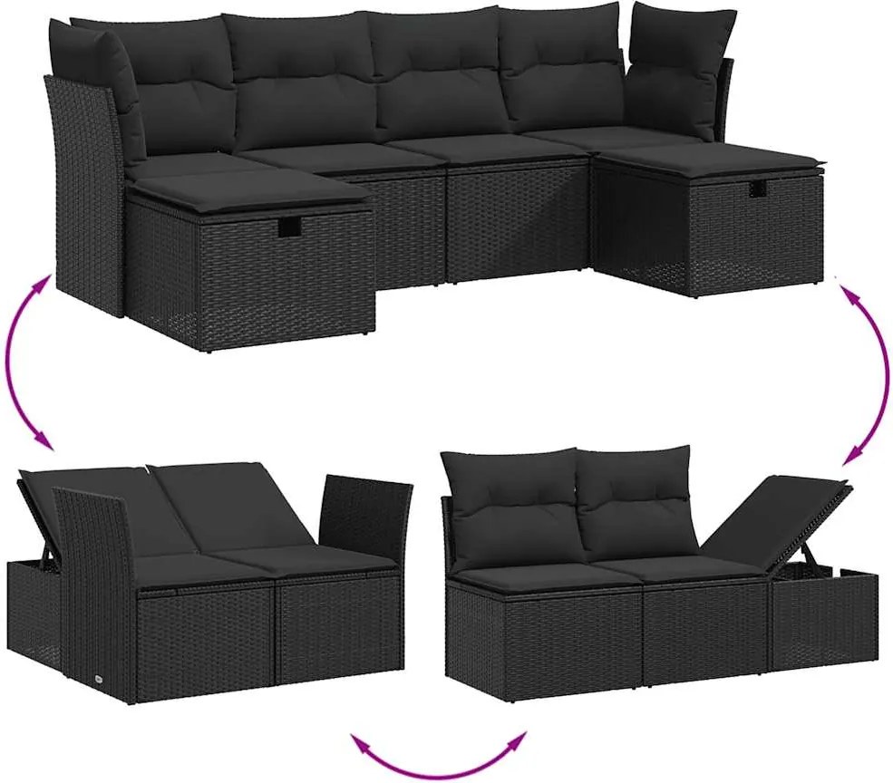 6dílná zahradní sedací souprava s poduškami černá polyratan 3265556