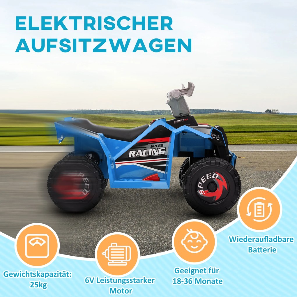 HOMCOM dětská elektrická čtyřkolka, mini elektrická čtyřkolka s funkcí jízdy vpřed a vzad, 6 V elektrické vozidlo pro děti 1,5-3 roky, 2,5 km/h, modrá