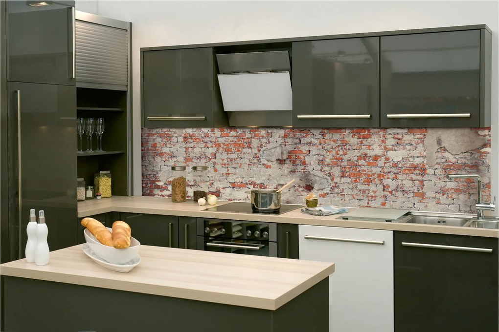 DIMEX | Fototapeta do kuchyně Stará cihlová stěna KI-260-299 | 260 x 60 cm | šedá, béžová, oranžová