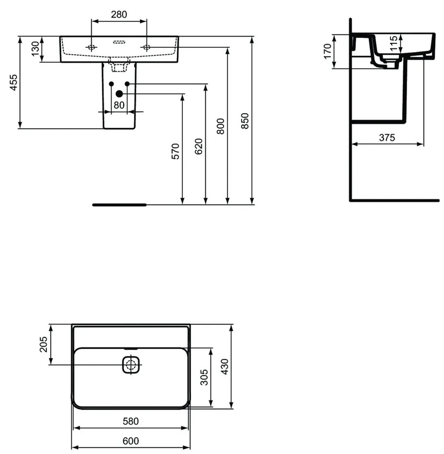 Ideal Standard Strada II - Umyvadlo 600 mm (glazovaná strana), bez otvoru, Bílá, T363801