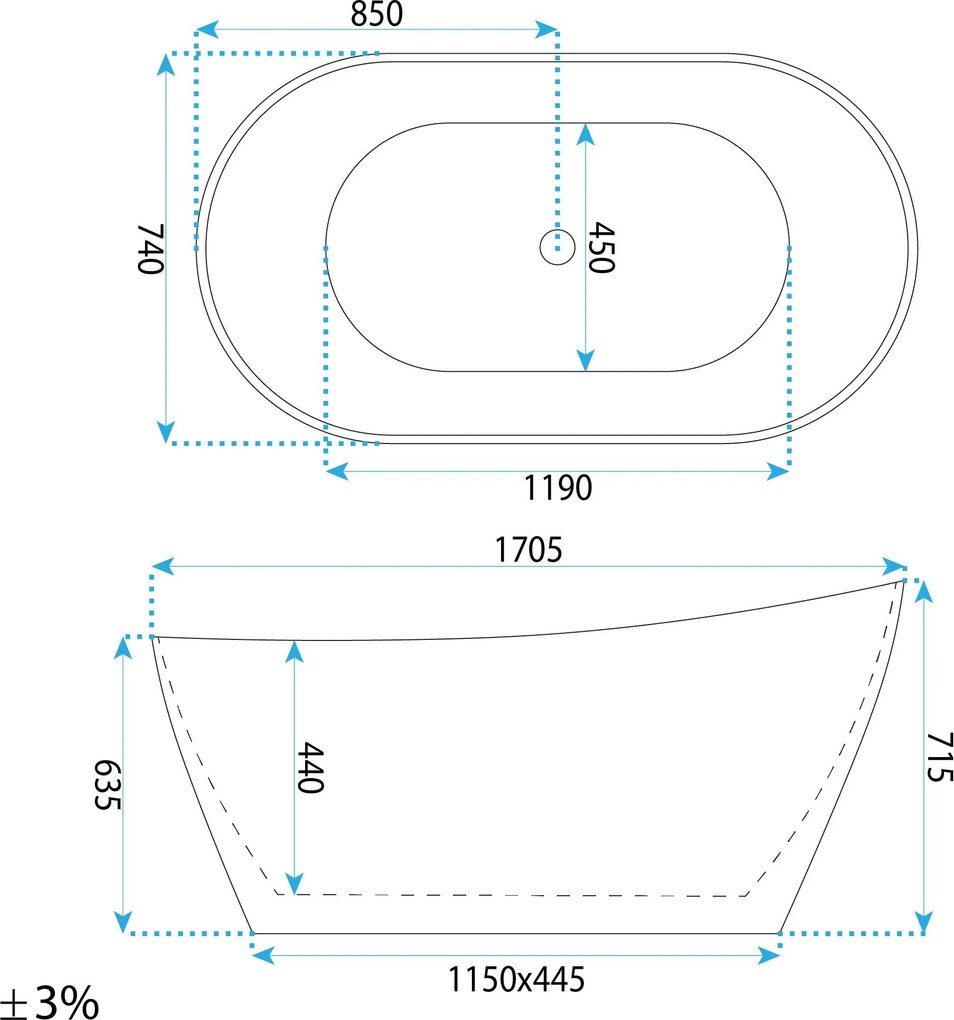 Volně stojící akrylátová vana REA LUSSO SLIM 170x74 cm bílý, sifon Click-Clack - kartáčovaná měď