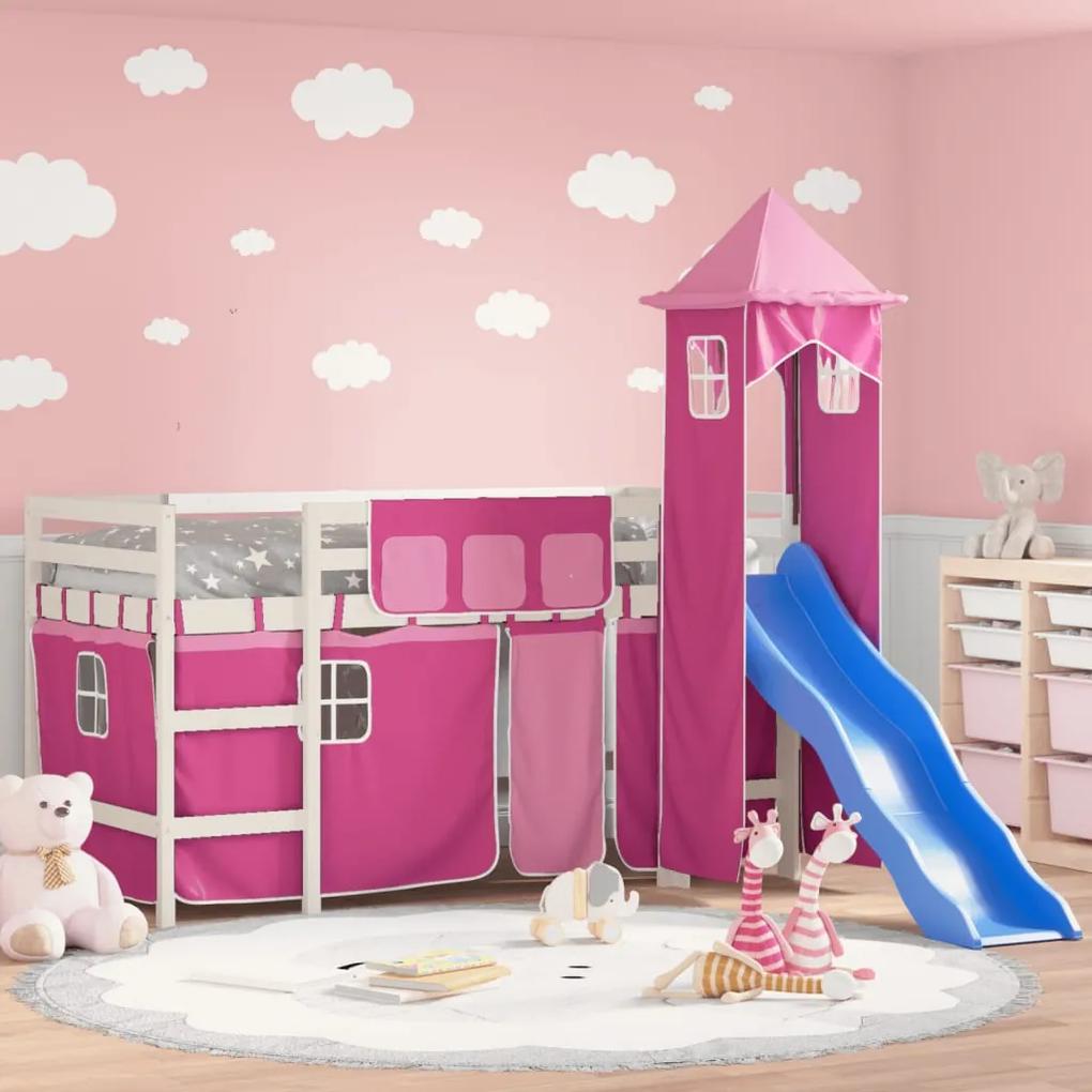 Dětská patrová postel s věží růžová 90 x 200 cm masiv borovice,  3207077