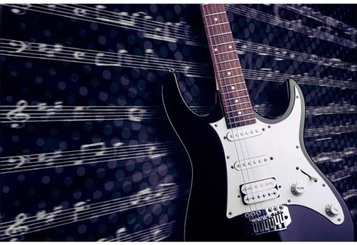DIMEX | Samolepicí vliesová fototapeta na zeď Elektrická kytara MA-5-0304 | 375 x 250 cm | bílá, fialová, hnědá