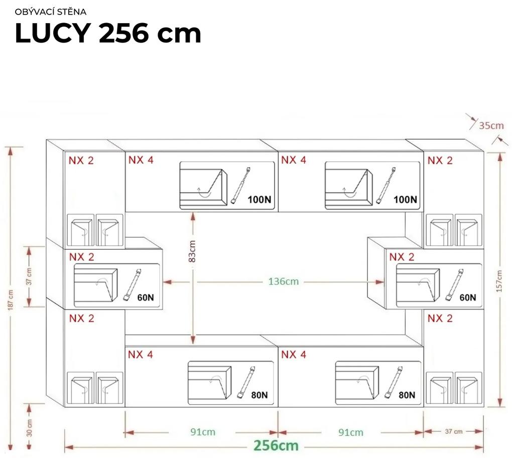 Ral Obývací stěna LUCY 8, 256 cm - Bílo/černý lesk
