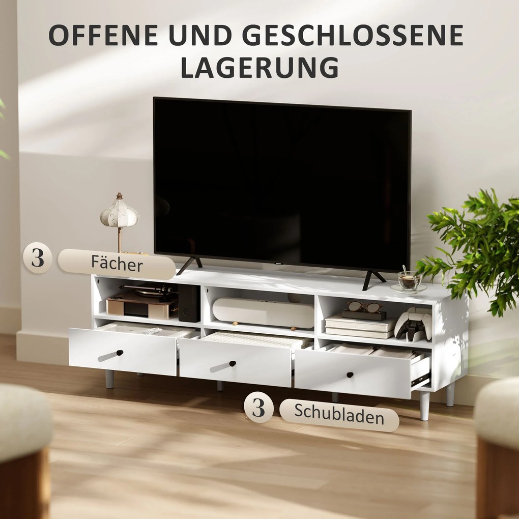 TV stolek HOMCOM s přihrádkami a šuplíky, 140 cm dlouhý TV konzole pro TV do 75 palců s úložným prostorem a organizací kabelů, bílý 140x34x45cm