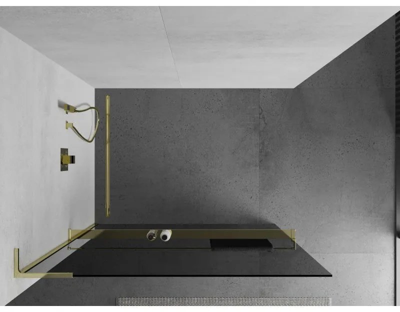 Mexen Kioto+ L, sprchová zástěna Walk-In s poličkou a věšákem 80 x 200 cm, 8mm šedé sklo, zlatý lesklý profil, 800-080-123-50-40