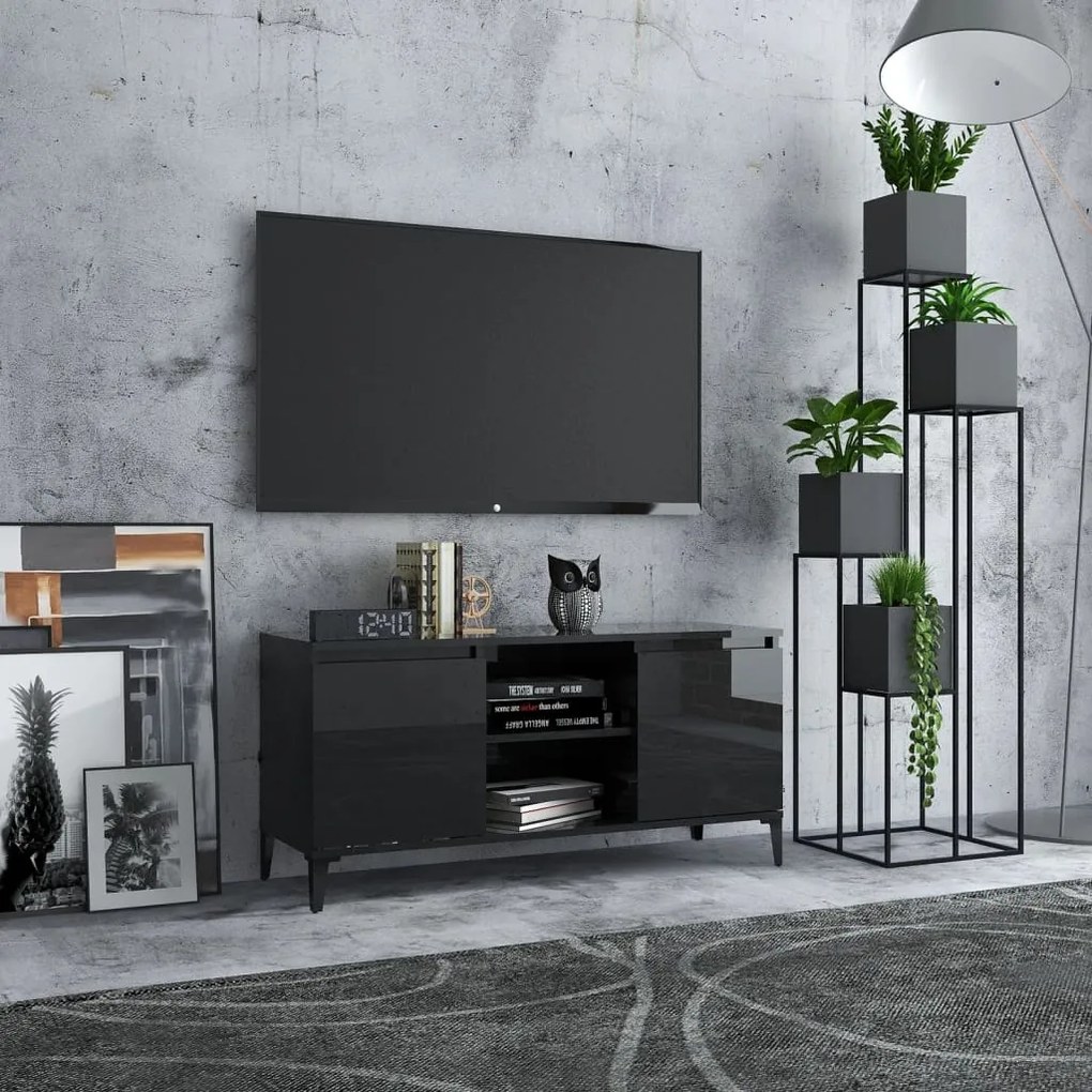 805975 vidaXL TV stolek s kovovými nohami černý vysoký lesk 103,5x35x50 cm