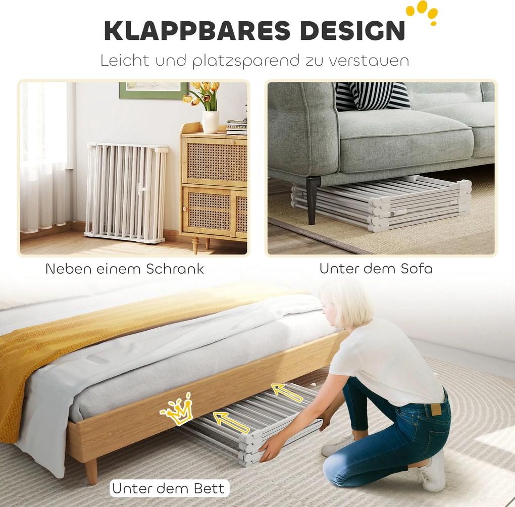PawHut Ohradník pro domácí mazlíčky, 8dílná zábrana s dvířky, skládací, pro malé a středně velké psy, plast, uhlíková ocel, bílý