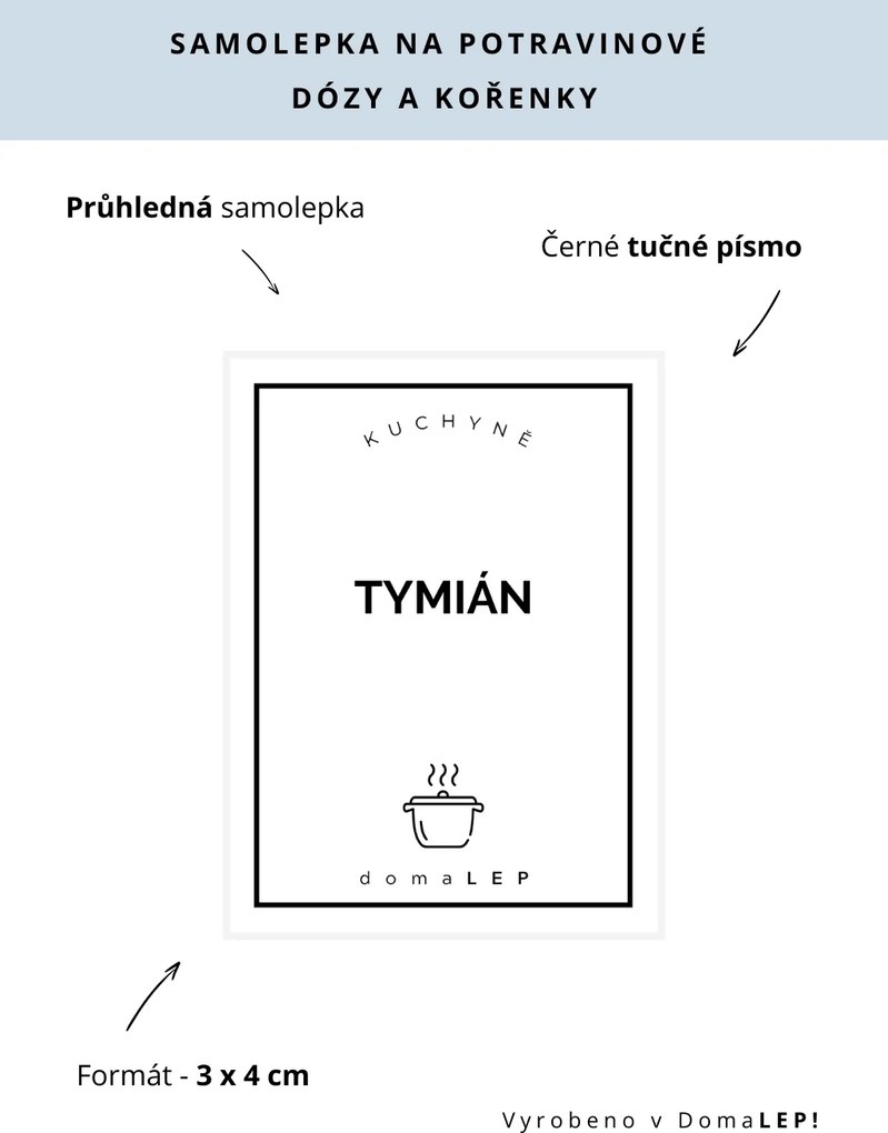 Samolepka na kořenky TYMIÁN průhledná 3 × 4 cm tučné písmo