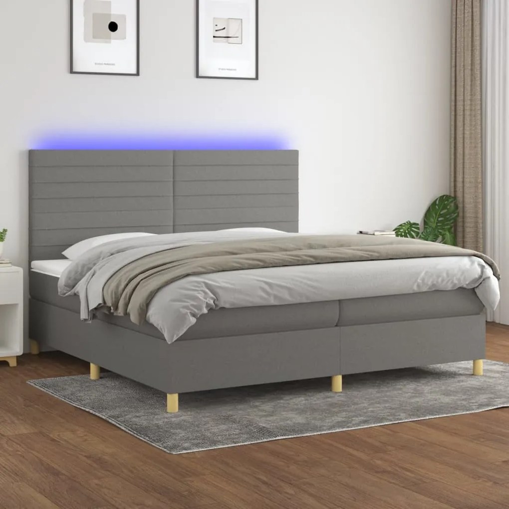 Box spring postel s matrací a LED tmavě šedá 200x200 cm textil