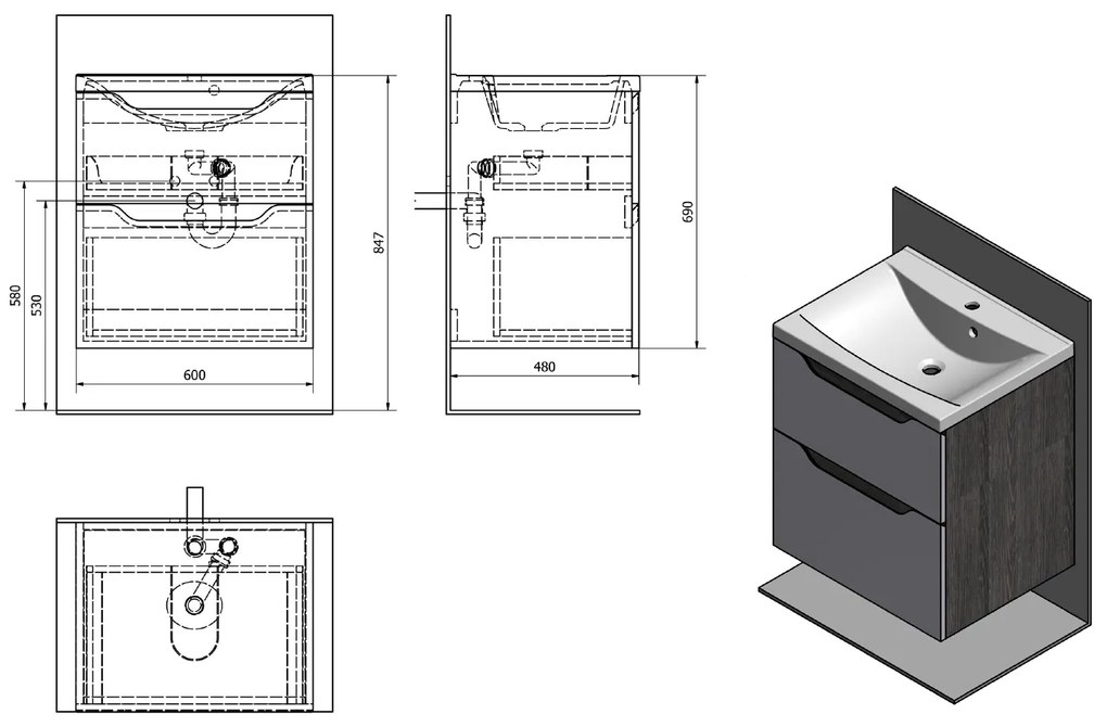 Sapho Wave koupelnová skříňka 60 x 65 x 47,8 cm pod umyvadlo bílá dub collingwood WA060-3019