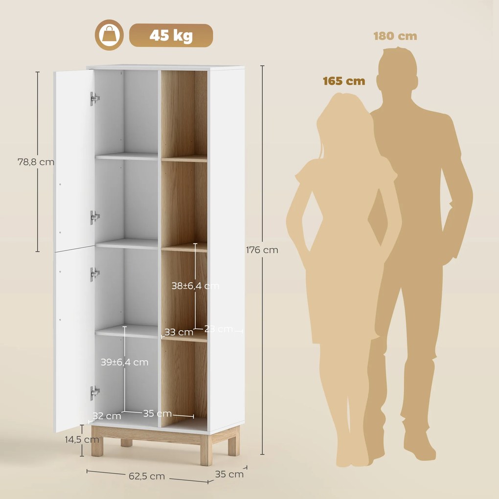 HOMCOM Knihovna vysoká 176 cm, 4 otevřené police, 2 skříňky, volně stojící knihovna, MDF, bílá