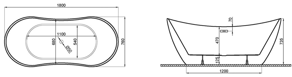 Polimat Akrylátová volně stojící vana Abi 180x80 Rozměry (cm): 180x80, Barva vany: Bílá / mokka lesk