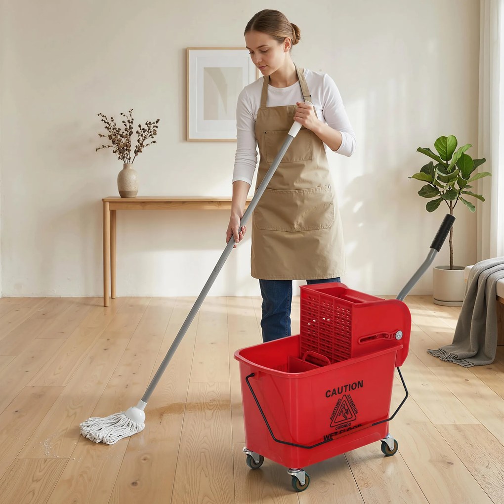 HOMCOM kyblík na vytírání s ždímacím zařízením, přepážkou na oddělení vody a kolečky, objem 20 l pro domácí úklid, 45x26,5x70 cm, červený