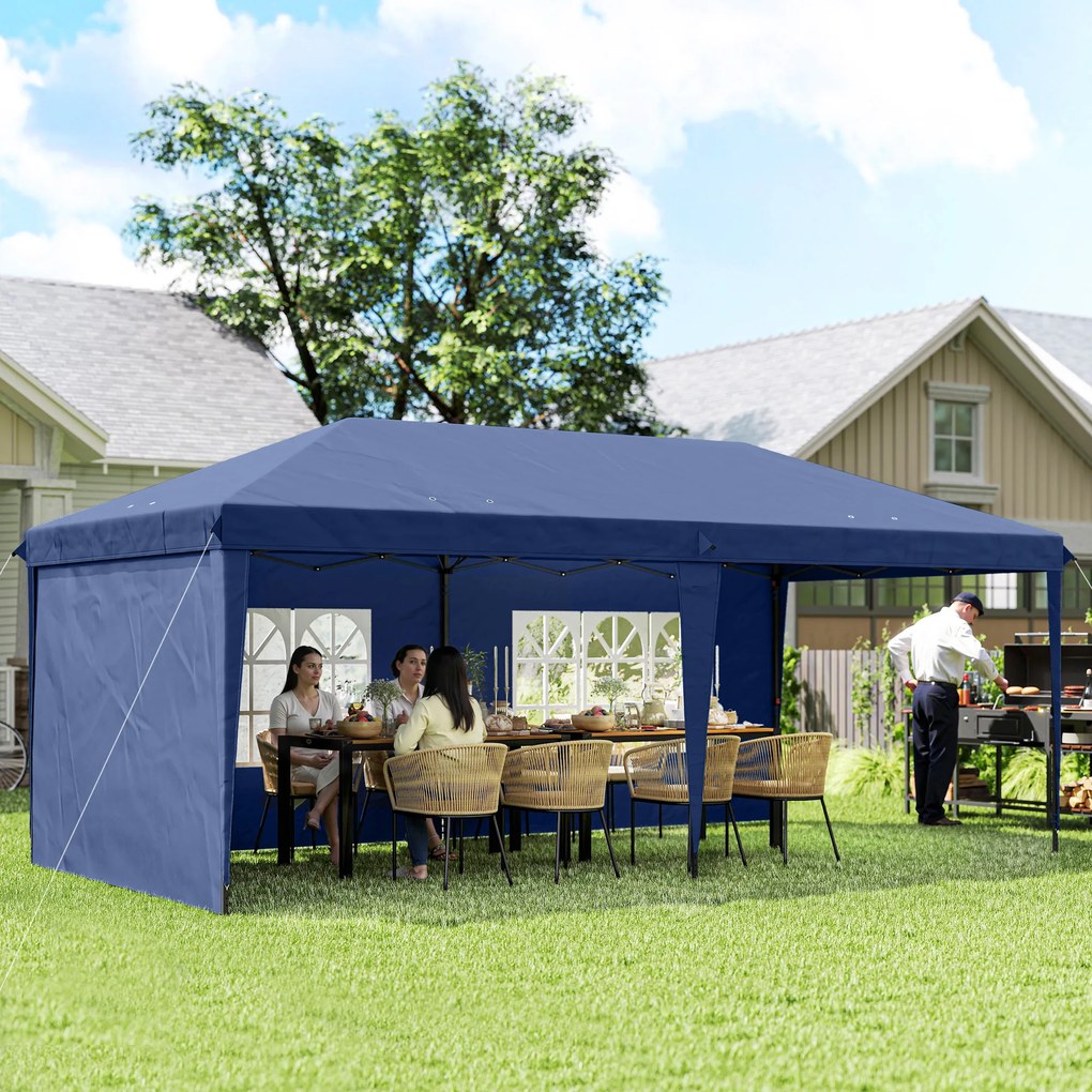 Outsunny skládací pavilon 6x3 m, pop-up s 4 odnímatelnými bočními stěnami, zahradní pavilon se 2 okny a přepravní taškou, modrý